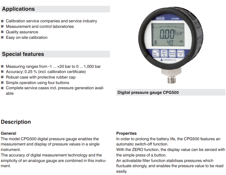 세인교정기기(주) - 제품소개 - 3. 압력측정교정기 - ② 디지털 압력게이지 디지털압력게이지 (0.25%) CPG500 (WIKA)
