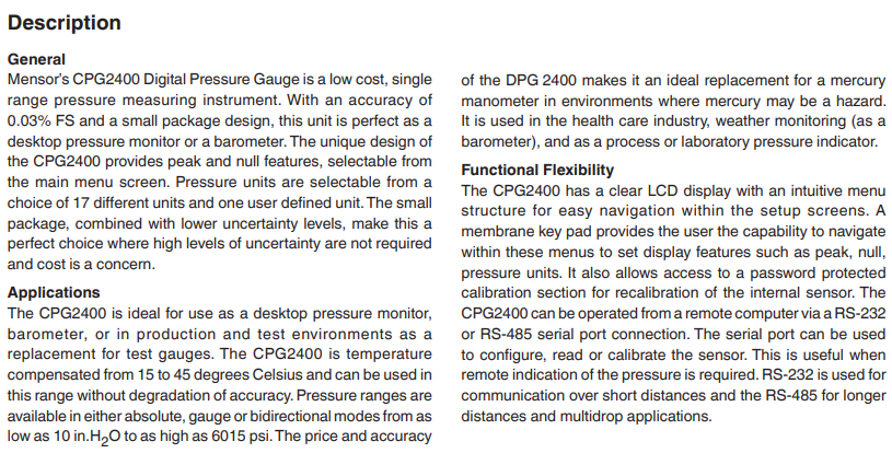 세인교정기기(주) - 제품소개 - 3. 압력측정교정기 - ③ 정밀디지털압력계/마노메타 정밀디지털마노미터/정밀기압계 CPG2400