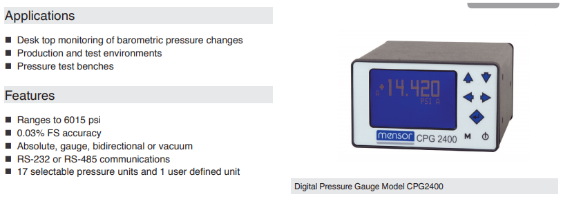 세인교정기기(주) - 제품소개 - 3. 압력측정교정기 - ⑦ 정밀기압계/데이터로거 정밀 기압측정기 (0.03%FS) CPG2400
