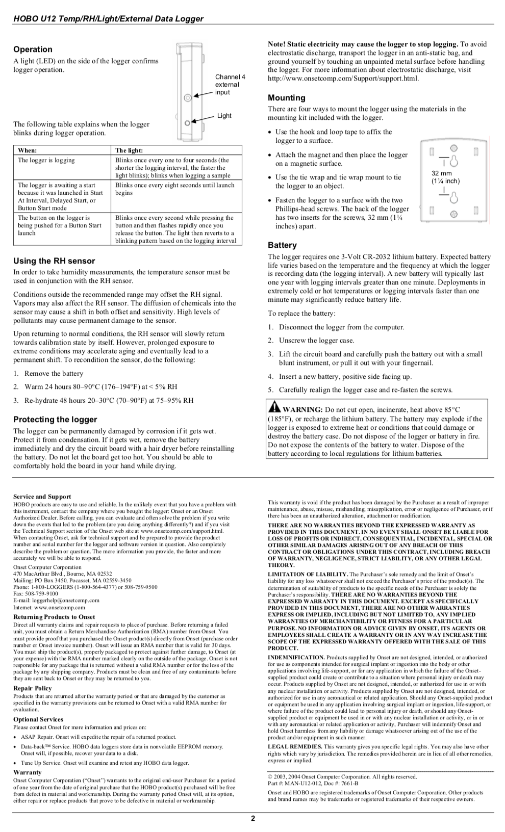 Hobo U12 Temperature Relative Humidity Light External Data Logger 012 ...