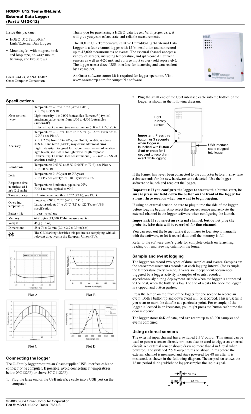 Hobo U12 Temperature Rh Light External Data Logger | Shelly Lighting