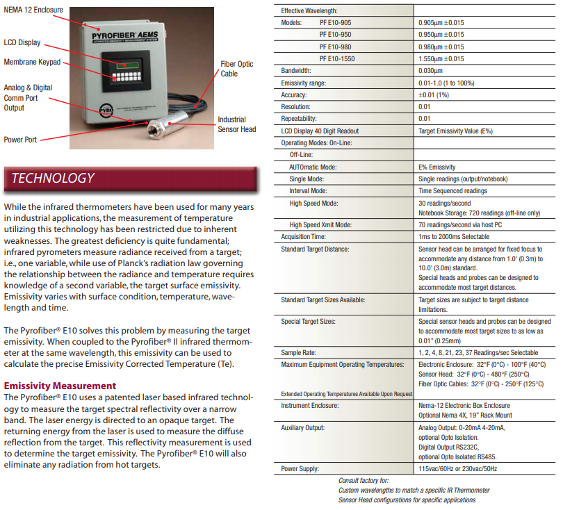 세인교정기기(주) - 제품소개 - 2. 온도 (비접촉식) - ② 적외선온도계/방사율측정기 온라인 물체 방율측정시스템 Pyrofiber® Model E10