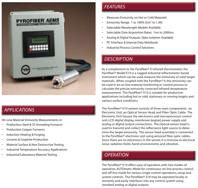 세인교정기기(주) - 제품소개 - 2. 온도 (비접촉식) - ② 적외선온도계/방사율측정기 온라인 물체 방율측정시스템 Pyrofiber® Model E10