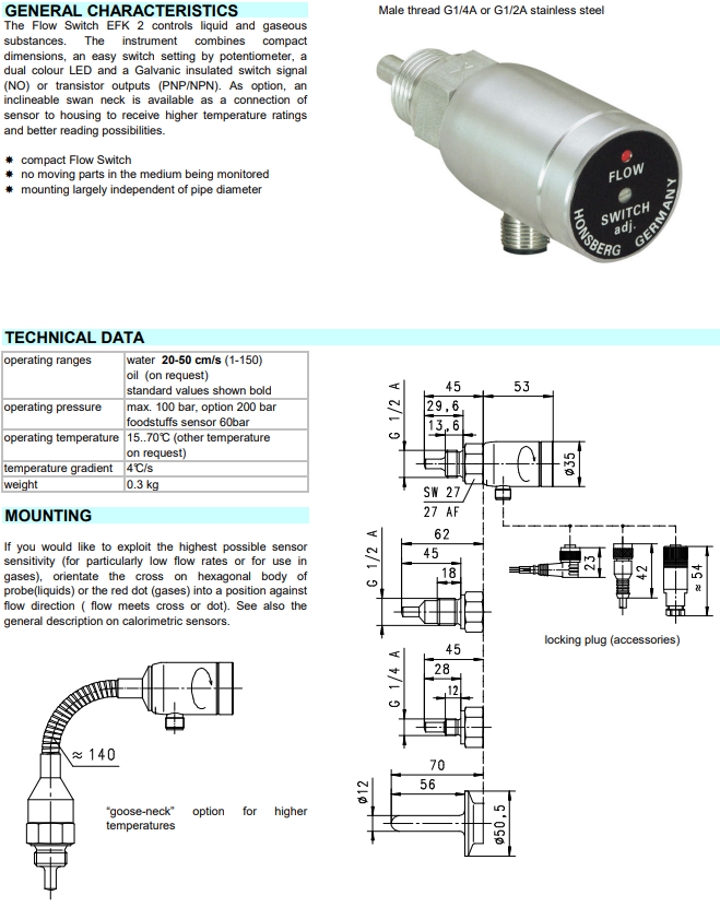 세인교정기기(주) - 제품소개 - 7. 열,유체,유속,유량 - ⑩ 농도계/유량측정(유체,분체) Calorimetric Flow Switch (calorimetry) EFK2